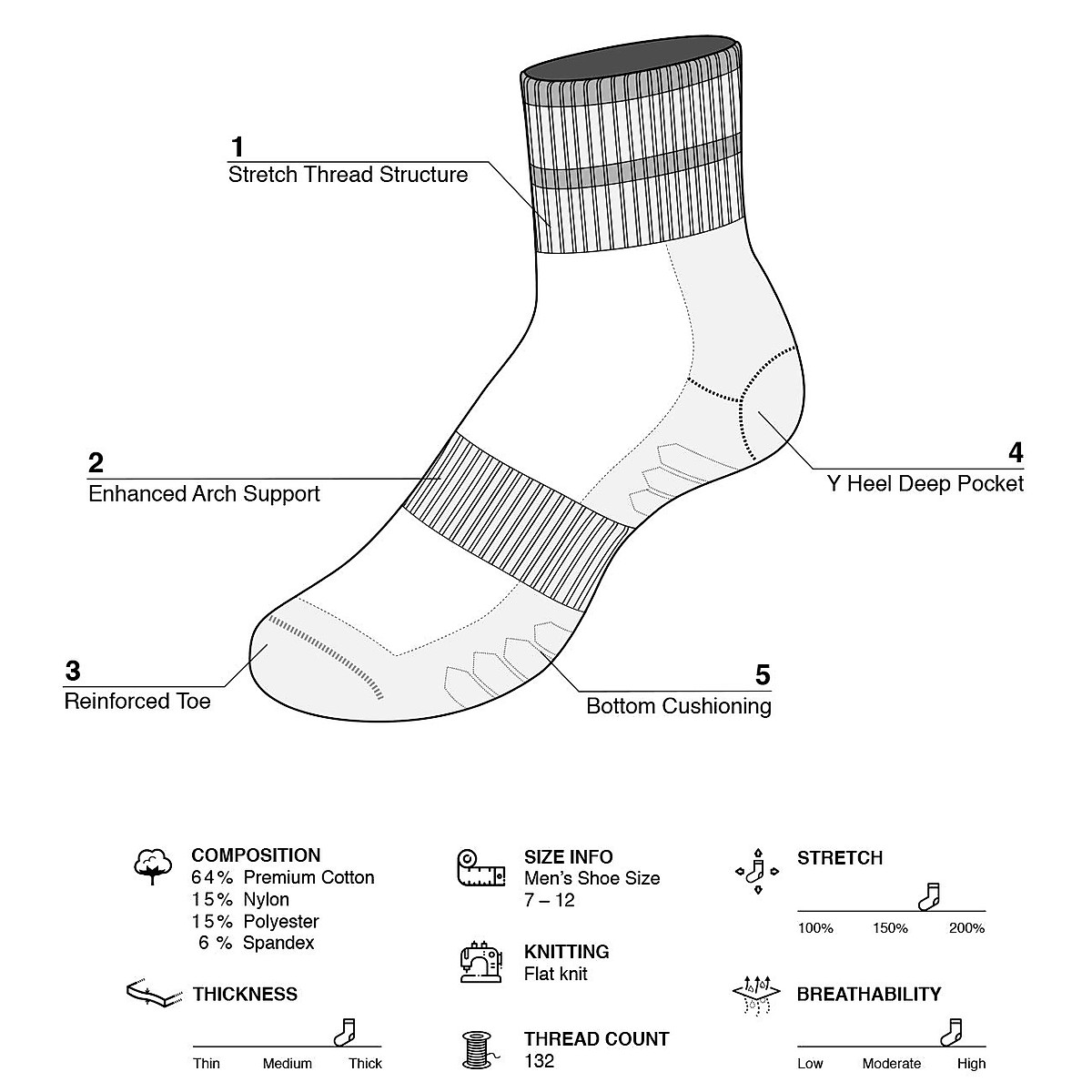 u&i Men's Performance Cushion Cotton Athletic Quarter Crew Socks