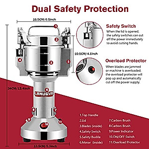 LANUEVA Grain Mill Grinder, 150g High Speed Spice Grinder Electric, 850W Wheat Flour Mill Pulverizer for Dry Corn Rice Pepper Coffee Beans Herb (110V, ON/OFF Switch)