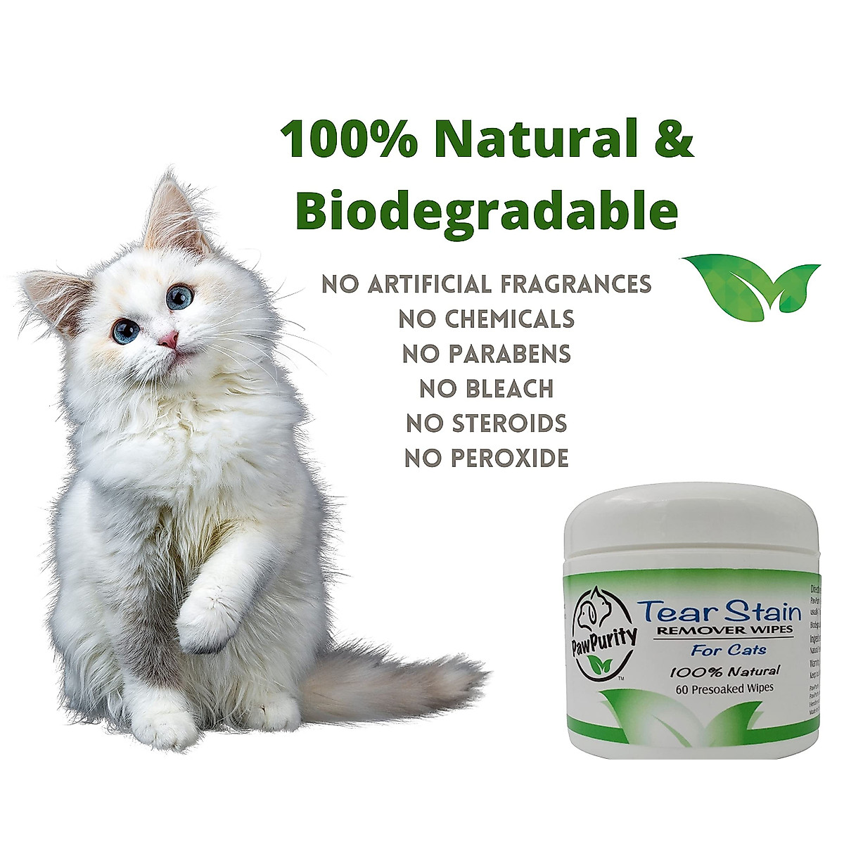PawPurity Tear Stain Remover Wipes (60 pcs) for Cats | 100% Natural, Safe and Effective. | Removes Stains from Eyes of Cats and Kittens | Recommended by Vets/Groomers | Contains Colloidal Silver