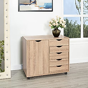 Naomi Home Amy 5 Drawer Chest, Wood Storage Dresser Cabinet with Wheels, Craft Storage Organization, Makeup Drawer Unit for Closet, Bedroom, Office File Cabinet 180 lbs Total Capacity - Natural