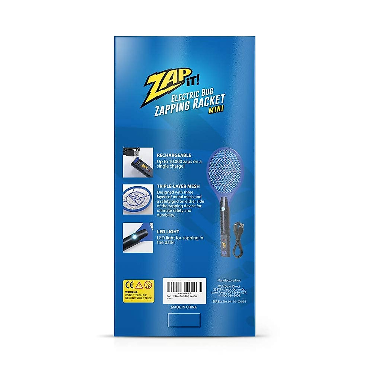 ZAP IT! Bug Zapper Rechargeable Electric Fly Swatter Racket, 4,000 Volt, USB Charging Cable