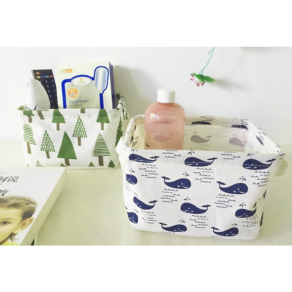 Lannu Pack 4 Home Decor Fabric Storage Bins Basket Cloth Cotton Linen Blend Collapsible Box Organizers Baskets Liner Shelves, 7.8×6.3×5.1 inch