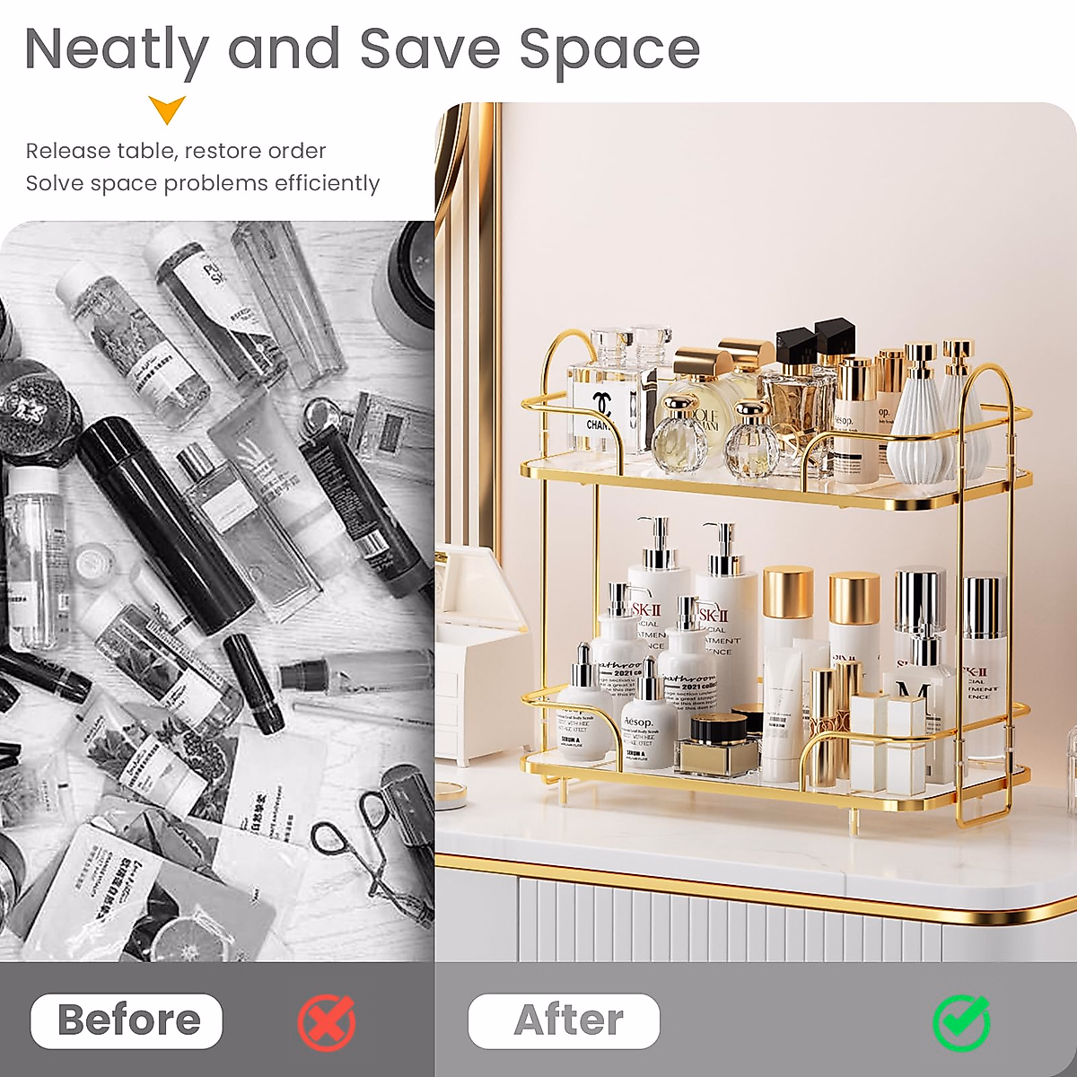 MYXLINK 2 Tier Bathroom Counter Organizer, Luxury Bathroom Organizer Countertop Cosmetic Display Trays for Skincare, Perfume Storage (Gold)