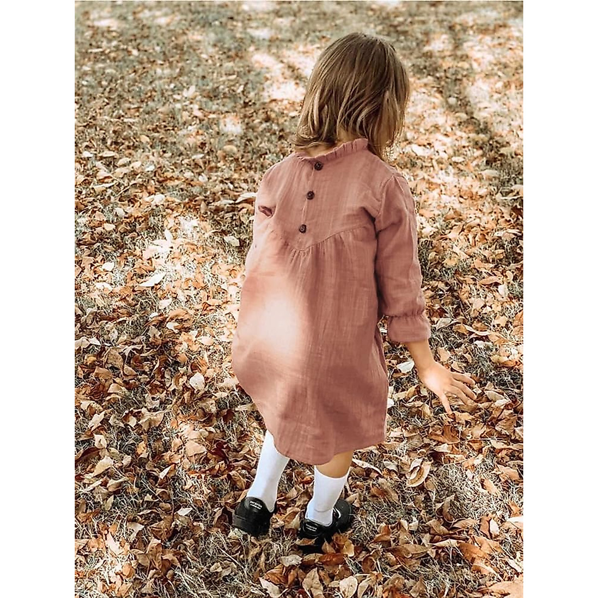 USKIDKK Toddler Girl Dress Long Sleeve Linen Cotton Dress Casual Fall Dresses Clothes (Lotus pink,3-4T)