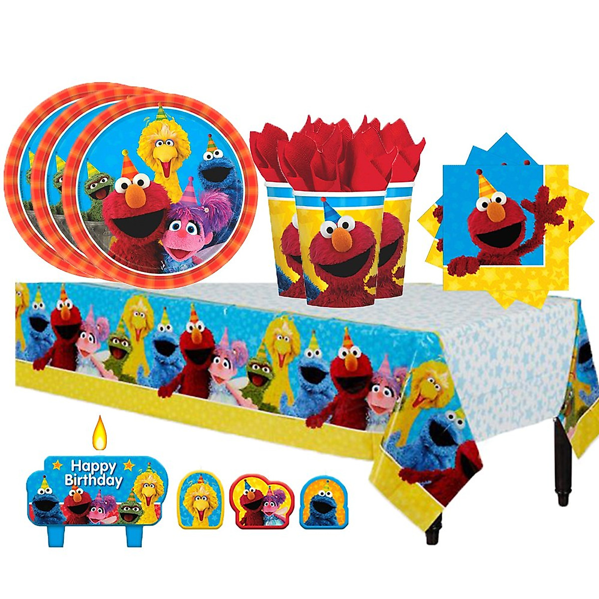 Mega Sesame Street Elmo Party Supplies with Tableware, Candle, Cutlery, Birthday Banner , Decoration for 16 by AMSCAN