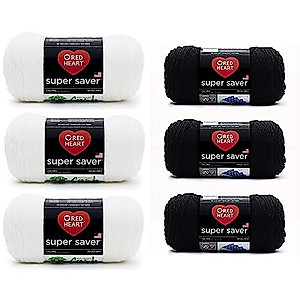 Red Heart Super Saver Yarn, 3 Pack, White 3 Count & Super Saver Yarn, 3 Pack, Black 3 Count