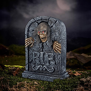 Motion Activated Halloween Animatronics Zombie Tombstone - LED Gravestone Decorations with Spooky Skeleton Skull Head, Light Up Eyes, Creepy Voice, Scary Motion Haunted Horror Prop for Indoor/Outdoor