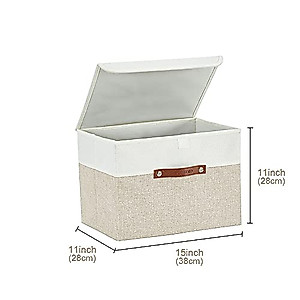 DECOMOMO Foldable Storage Bin with Lids [3-Pack] Collapsible Sturdy Cationic Fabric Storage Basket Box Container W/Handles for Organizing Shelf Nursery Linen (Beige and White, 15 x 11 x 11” – 3 Pack)