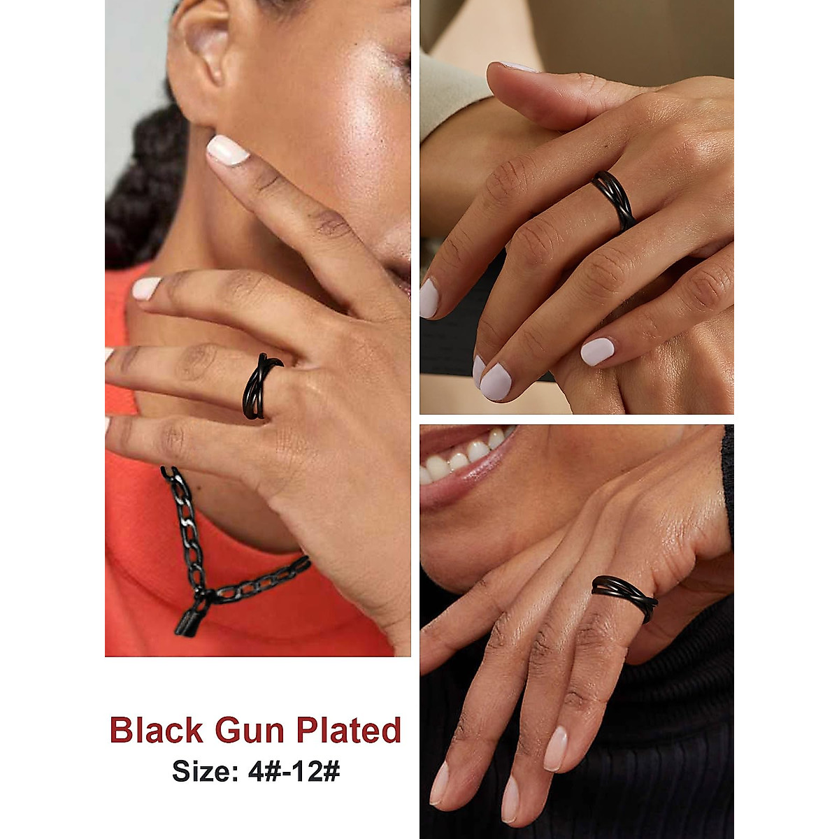 FOCALOOK Triple Band Rolling Ring Black Fashion Interlocked Anxiety Ring for Women (Black, 8)