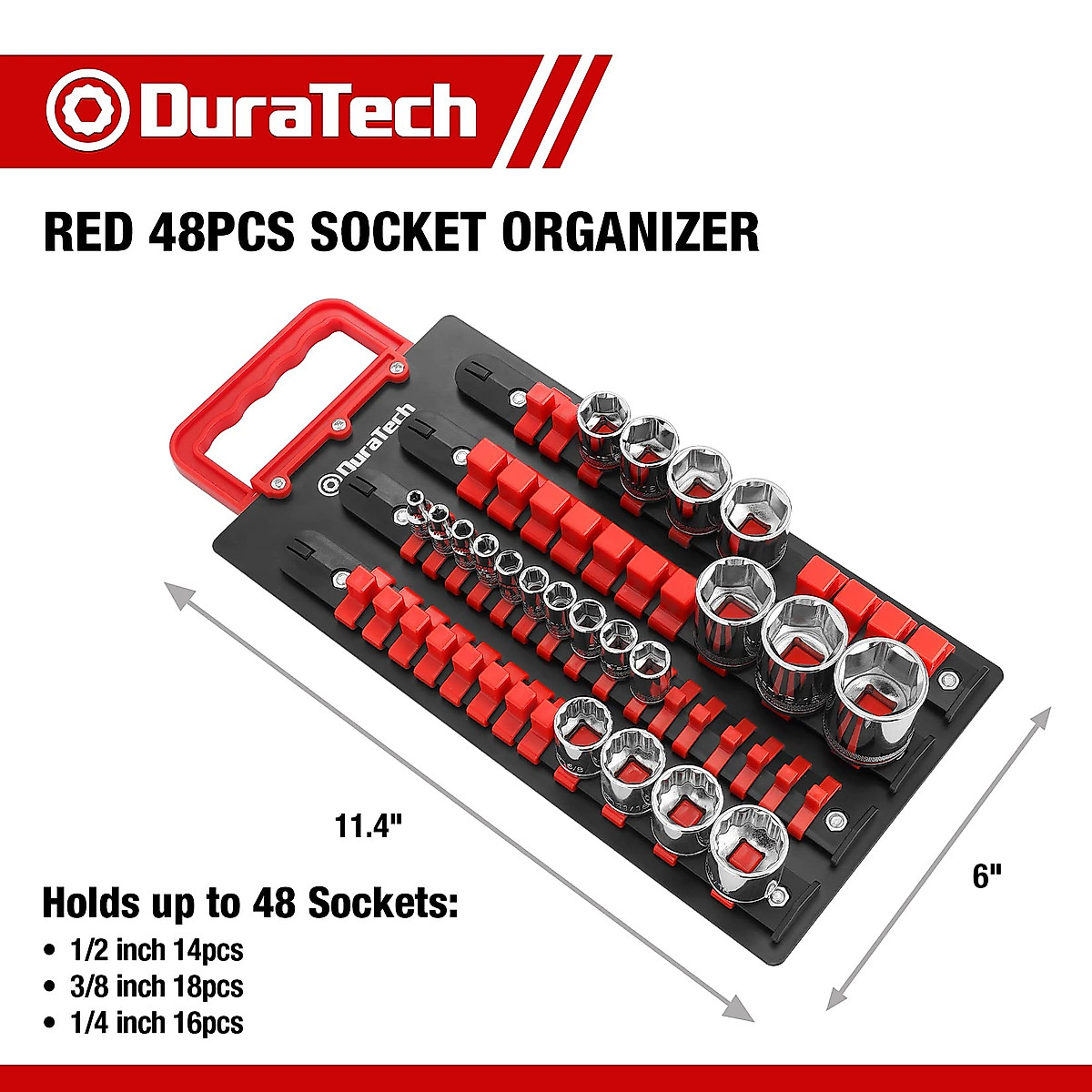 DURATECH Socket Organizer, 48-Piece Portable Socket Holder with Handle, ABS Socket Tray Wall and Tool Cart Mounted, 1/4", 3/8", 1/2" Drive Socket Organizer Tray, Red(Socket not Included)
