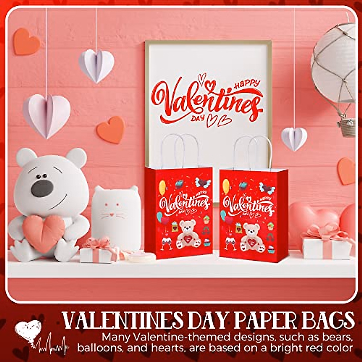 Sherr 100 Pieces Valentine's Day Paper Gift Bags Elegant Coated Paper Wrapping Bags Cardboard Bags Love Candy Present Bags with Handle for Wedding and Valentine Party Favors Gift Giving Gift Wrapping