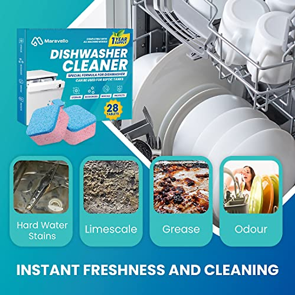 Maravello Dishwasher Cleaner And Powerful Formula Washer Cleaner Tablets For HE Front Loader And Top Load, Septic Tank Safe,12 Months Supply