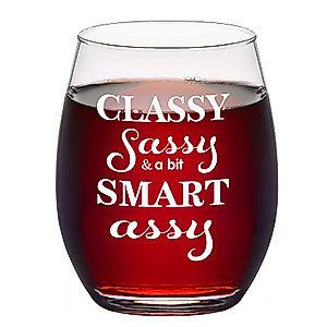 DAZLUTE Funny Stemless Wine Glasses for Women, Mother, Classy Sassy and a Bit Smart Assy， Cute Wine Glass for Sister Women Friends Coworkers Her, Galentines Birthday Christmas Inspirational Gift, 15oz