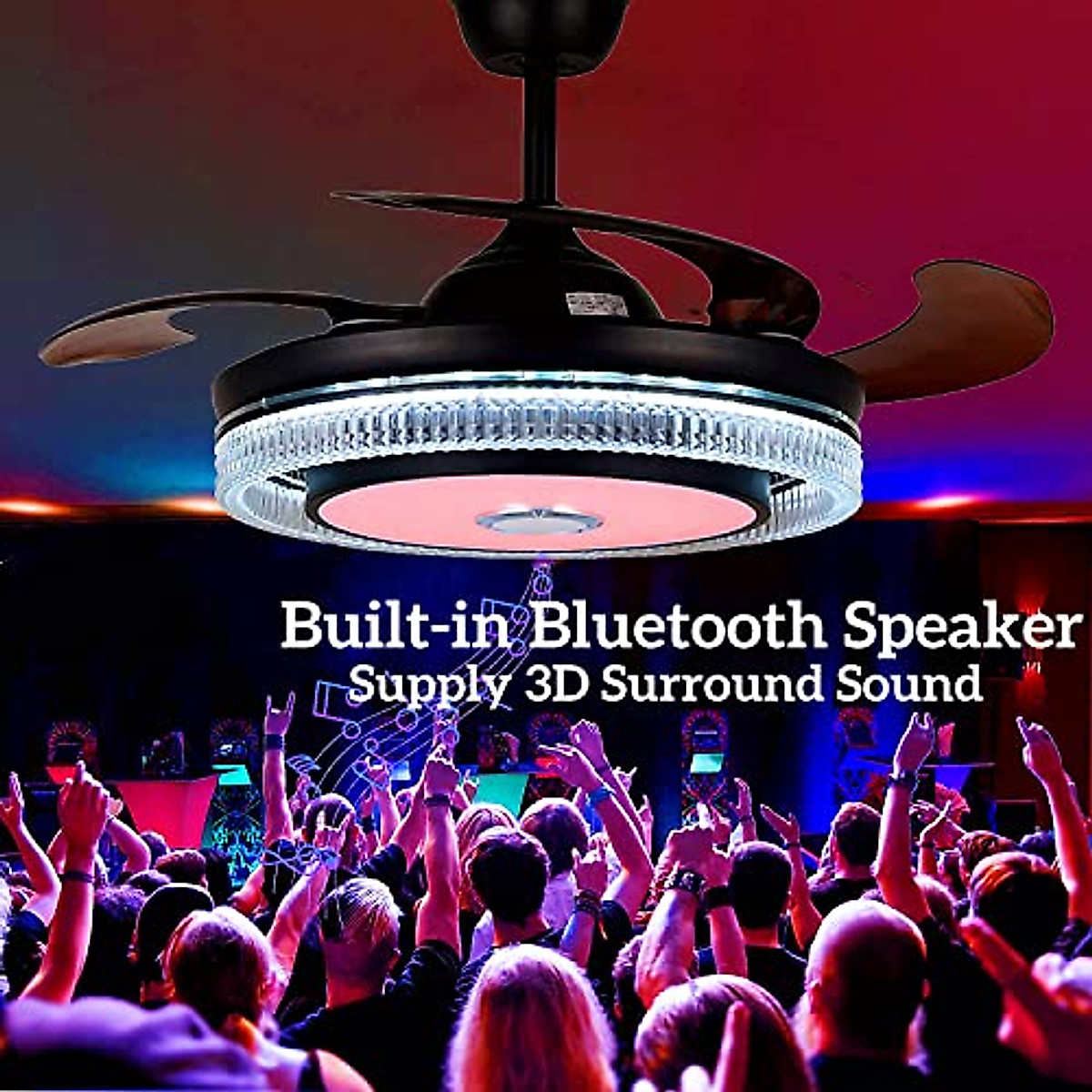 LUOLAX 42in Fandelier Ceiling Fan with Lights and Bluetooth Speaker,Modern Crystal Chandelier LED Fan 6 Speeds Fans Music with Remote Control Modern Crystal Invisible Blades with Silent Motor