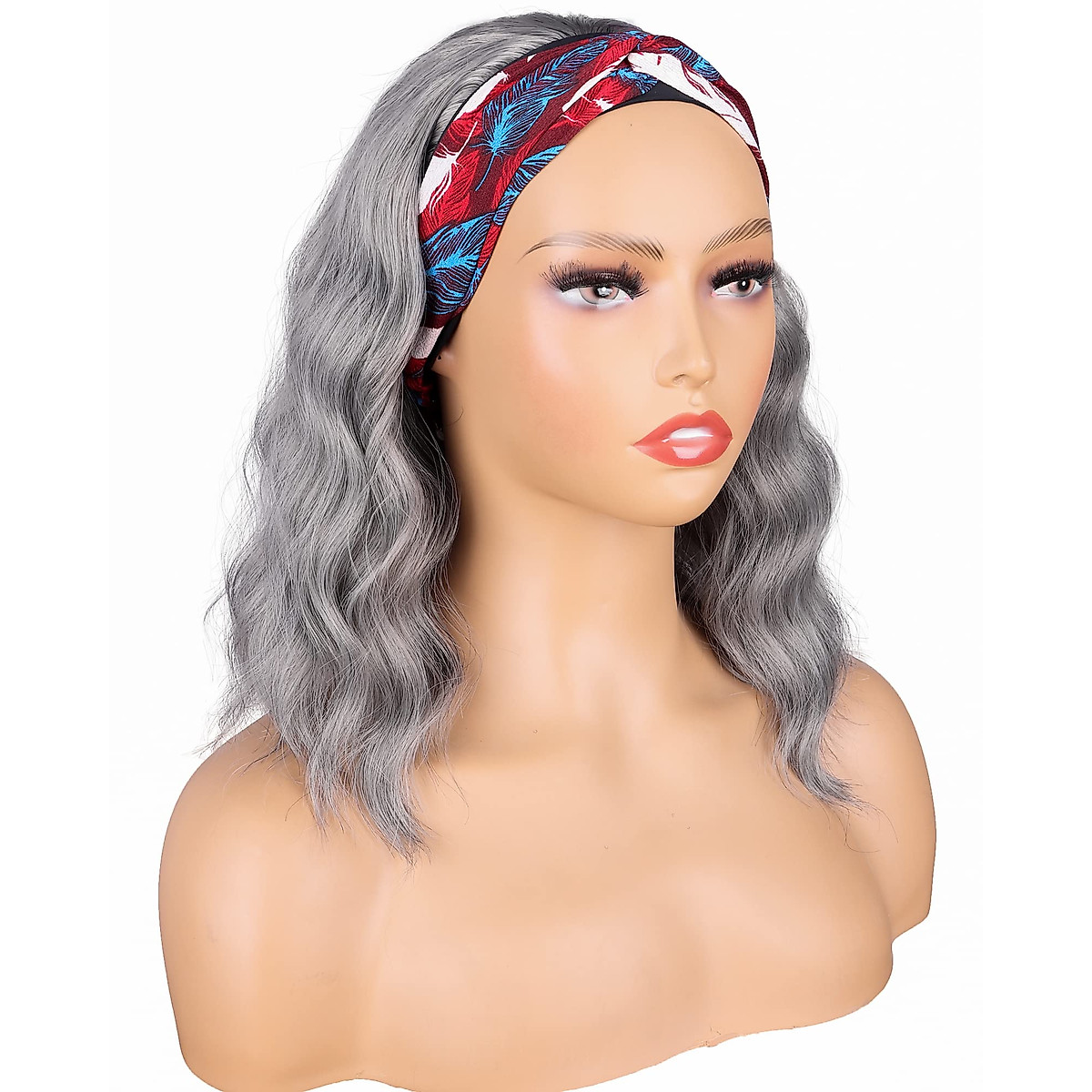 SYMEIW Silver Grey Wavy Headband Wig For Black Women Curly Half Wigs With Headband Attached Synthetic Wrap Wigs Turban Wigs For Women(Gray)…