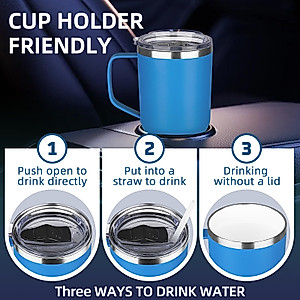 20 oz Insulated Coffee Mug with Ceramic Coating, Stainless Steel Travel Mug Tumbler with Handle Lid and Straw, Double Wall Leak-Proof Thermos Coffee Travel Mug Keeps Drink Hot and Cold (Blue)