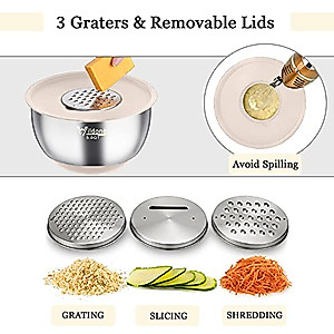 Wildone Mixing Bowls with Airtight Lids, 22 PCS Stainless Steel Mixing Bowls Set, 3 Grater Attachments, Measurement Marks & Non-Slip Bottom, Size 5, 4, 3, 2,1.5, 0.63QT, Ideal for Mixing & Prepping