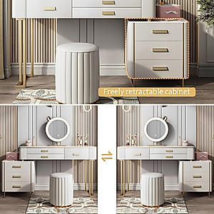 Luxury Makeup Vanity Desk with 6 Solid Wood Drawers, Freely Movable Side Cabinet, Marble Slate Desktop Dressing Table, Microfiber Leather Wrapped Vanity Stool - 39.4In White