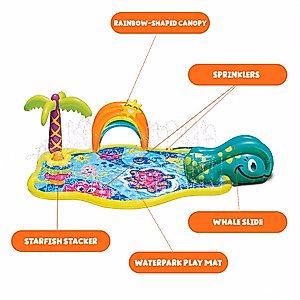 Banzai Splish 'N Splash Kids Inflatable Outdoor Water Park Play Mat with Water Slide, Rainbow Canopy, Starfish Stacker, and Sprinklers