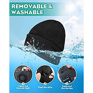 Bluetooth Beanie Hat with Light 2 Pack, 5 LED Rechargeable Headlamp Cap with Wireless Headphones, Unisex Knitted Bluetooth Hat, Women Men Gift Stocking Stuffers for Dad Father Husband (Black&Grey)