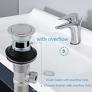 Bathroom Sink Drain with Overflow, Solid Brass Push and Seal Pop Up Drain Stopper Lift Rod, Bathroom Lavatory Vanity Vessel Sink Drain Compatible with Moen, American Standard, Universal Drain Hole