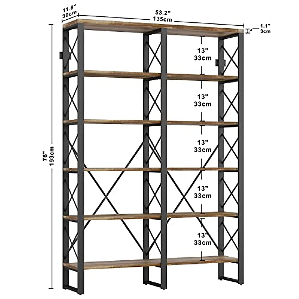 IRONCK Industrial Bookshelf Double Wide 6-Tier, Open Large Bookcase, Wood and Metal Bookshelves for Home Office, Easy Assembly