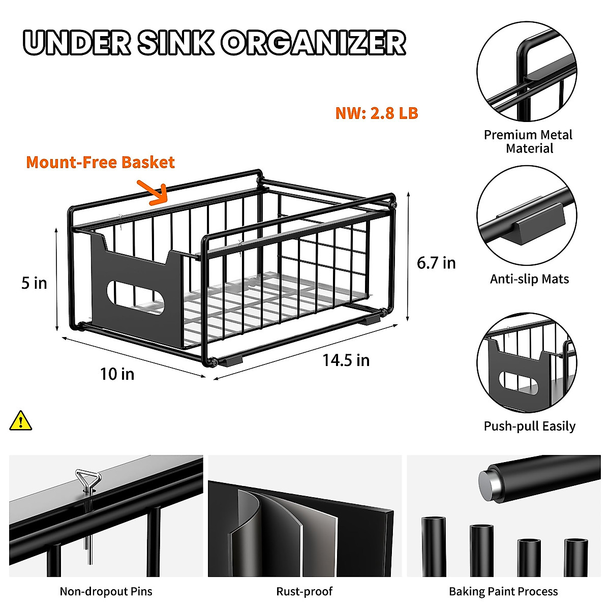 Under Sink Organizers and Storage - Under Cabinet Organizer for Bathroom, Kitchen, Living Room, 1 Tier Metal Shelf Basket Holds up to 50lbs for Bathroom,Black