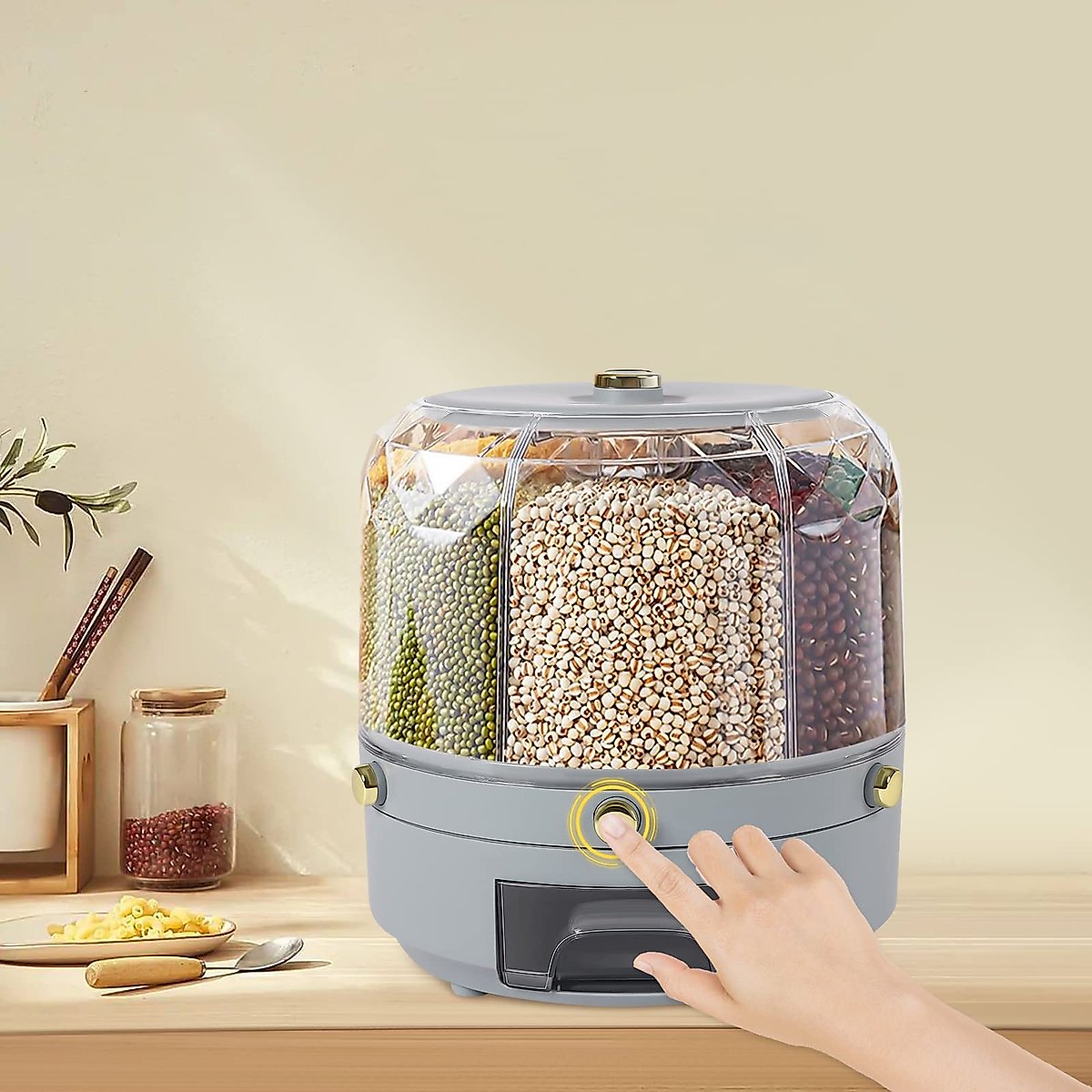 LUGBING One-Click Rice Output Food Containers, 360° Rotatable Grain Separate Storage Box 6 Grid Household Kitchen Storage Container for Rice, Beans, Grains Rotating Rice Dispenser