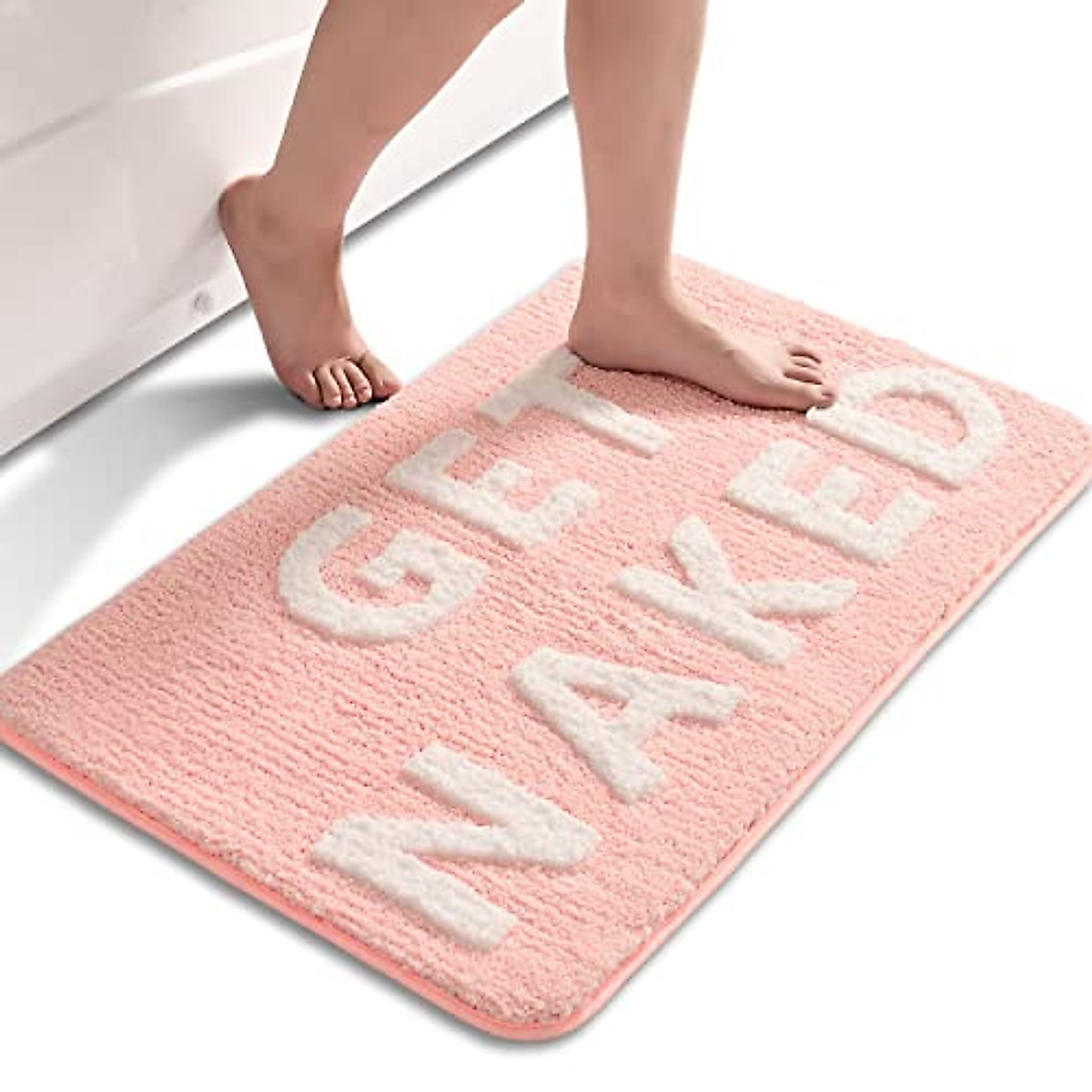 Get Naked Bath Mat Cute Pink and White Bathroom Rugs Funny Non Slip Bathtub Decor Mats Super Absorbent Floor Carpet Machine Washable Bahtmat for Tub, Shower, Bedroom 16"x24"