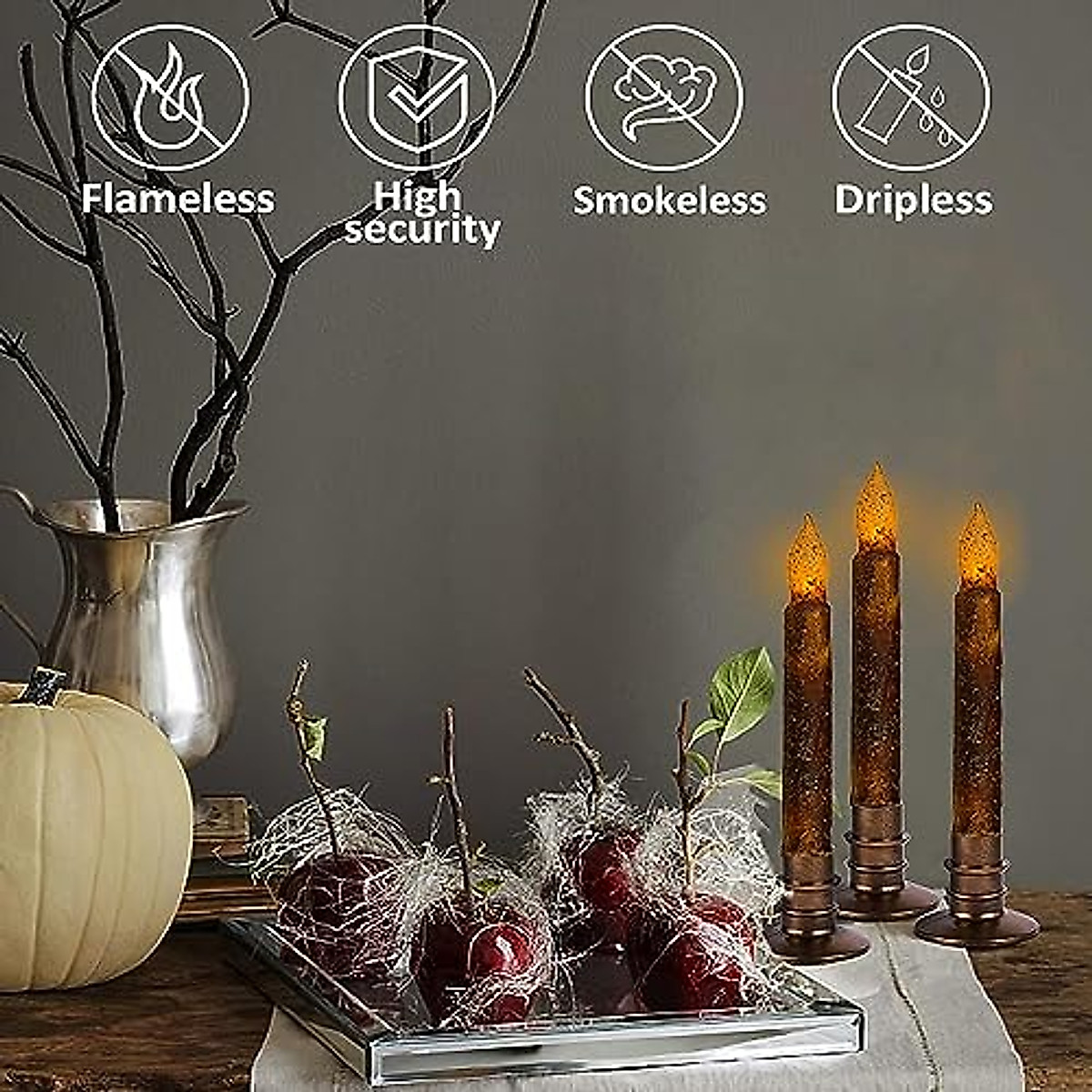 Aulaygo Real Wax Pillar Taper Candle Primitive Candles Battery Operated LED 6pcs Dripless Yellow Drip Electric Flickering Flameless Candles for Christmas Halloween Home Decor Church