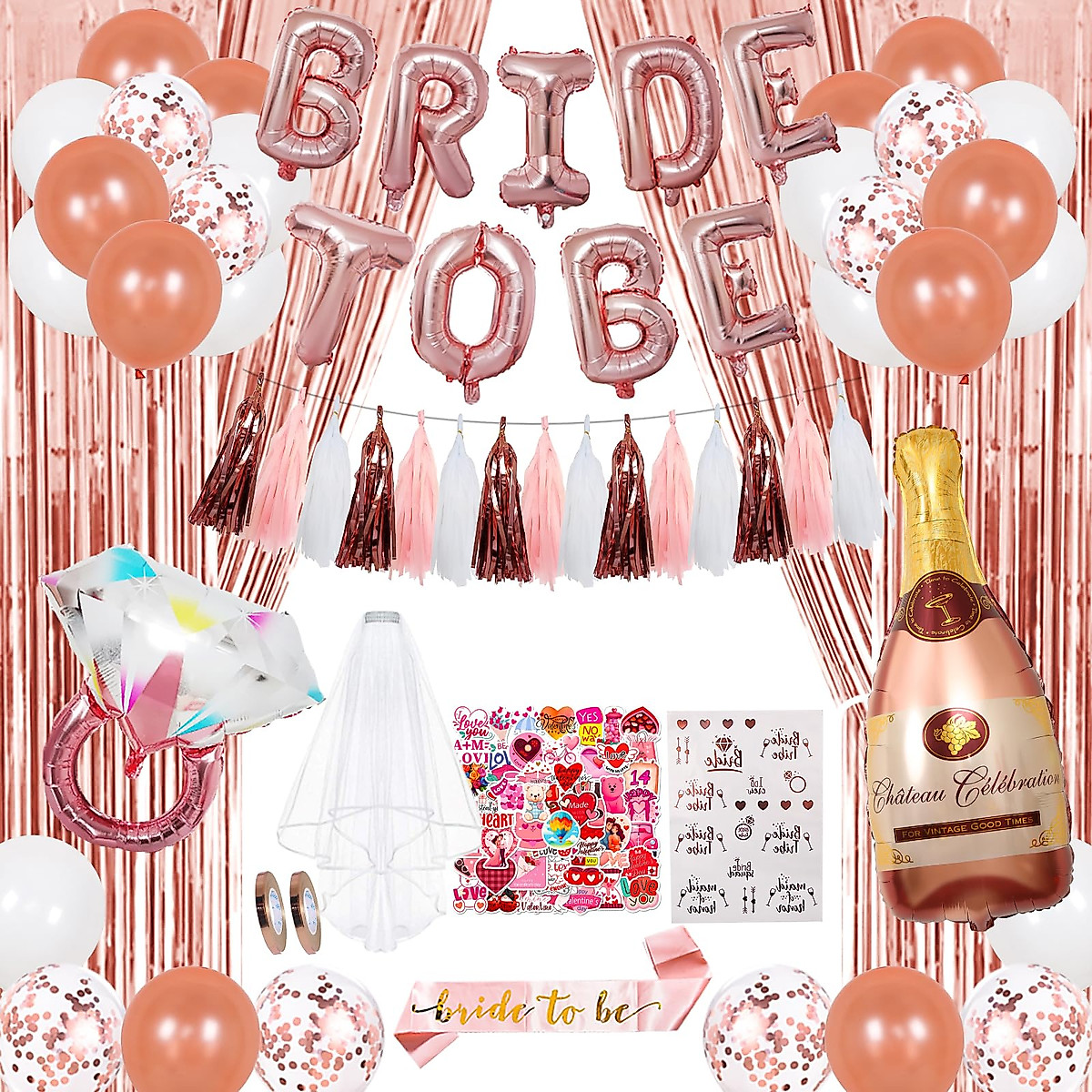 Bachelorette Party Decorations - Rose Gold Bridal Shower Party Decor and Supplies Kit Bride To Be Sash, Veil, Temporary Tattoos, Confetti Balloons Pack Fringe Curtain And Theme Stickers