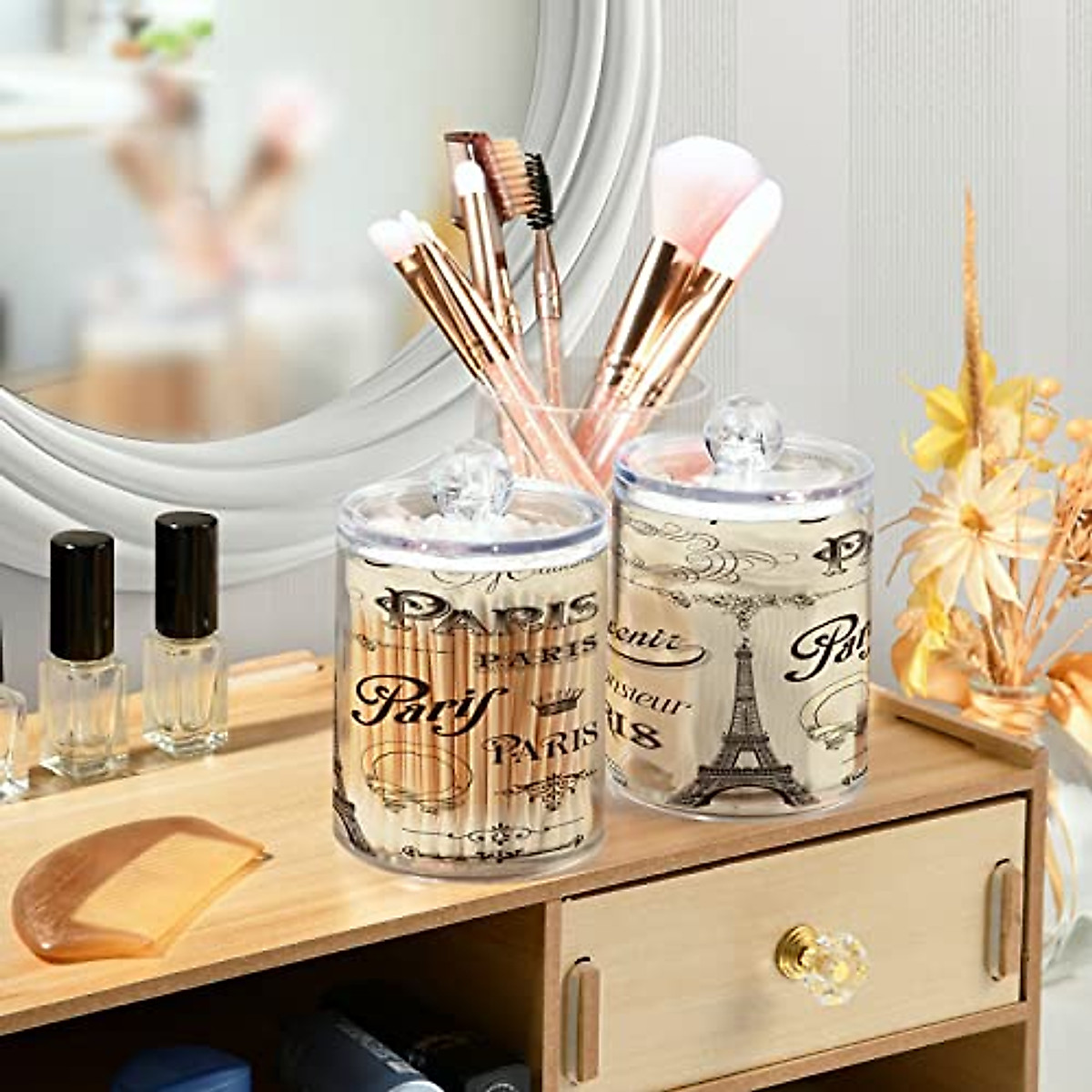 DOMIKING Paris Calligraphy 2 Pack Cotton Swab Holder Dispenser Plastic Jar Bathroom Storage Canister Acrylic Containers for Cotton Ball Cotton Swab Cotton Round Pads