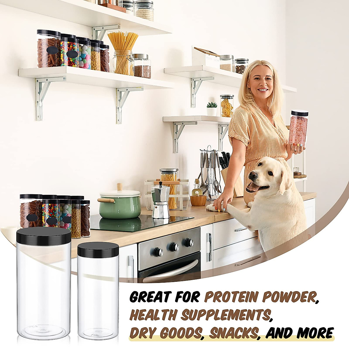 meekoo 32 Pcs Plastic Jars with Lids 32 oz and 16 oz with Chalk and 4 Stickers Containers with Airtight Leak Proof Black Plastic Screw on Lids Cylinder Round Jar for Household Kitchen Organizing