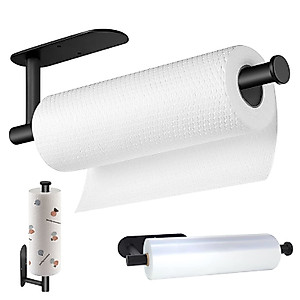 FGSAEOR Paper Towel Holder, Adhesive or Wall Mount Stand Rack Use for Paper Towel, Towels, Plastic Wrap, Stainless Steel Organization Shelf for Kitchen, Cabinet, Bathroom, Garage, Pantry (Black)