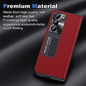 spoovcto for Samsung Galaxy Z-Fold-5 Case: Genuine Leather Phone Case with Full Hinge Protection & Kickstand & Screen Protector for Samsung Z Fold 5 5G 2023 (Red)
