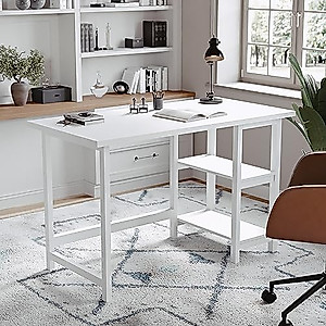 Martha Stewart Beckett Modern Trestle Desk with Open Side Shelving in White Wood Grain Finish