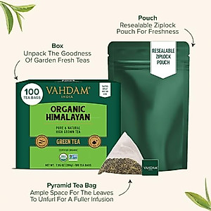 VAHDAM, Organic Green Tea Leaves From Himalayas (100 Green Tea Bags) USDA Organic, Non GMO, Gluten Free, High Grown | Whole Loose-Leaf Tea Bags | Resealable Ziplock Pouch
