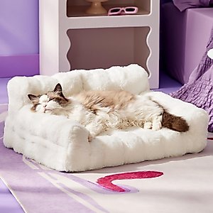 Lesure Orthopedic Cat Couch Bed, Cute Waterproof Cat Sofa with Supportive Egg Foam for Small Medium Dogs & Kittens, Washable Cat Chair with Fluffy Faux Fur Bubble Cover, Non-Slip Bottom, White
