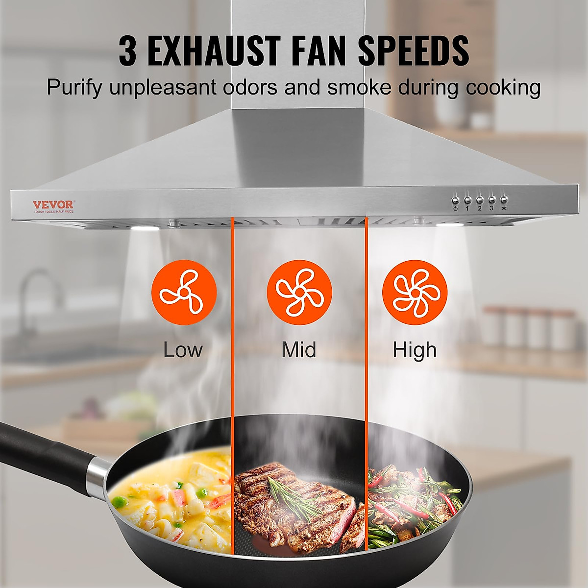 VEVOR TD1775Y-AC-I1 Wall Mount Range Hood Ducted Kitchen Stove Vent, Silver