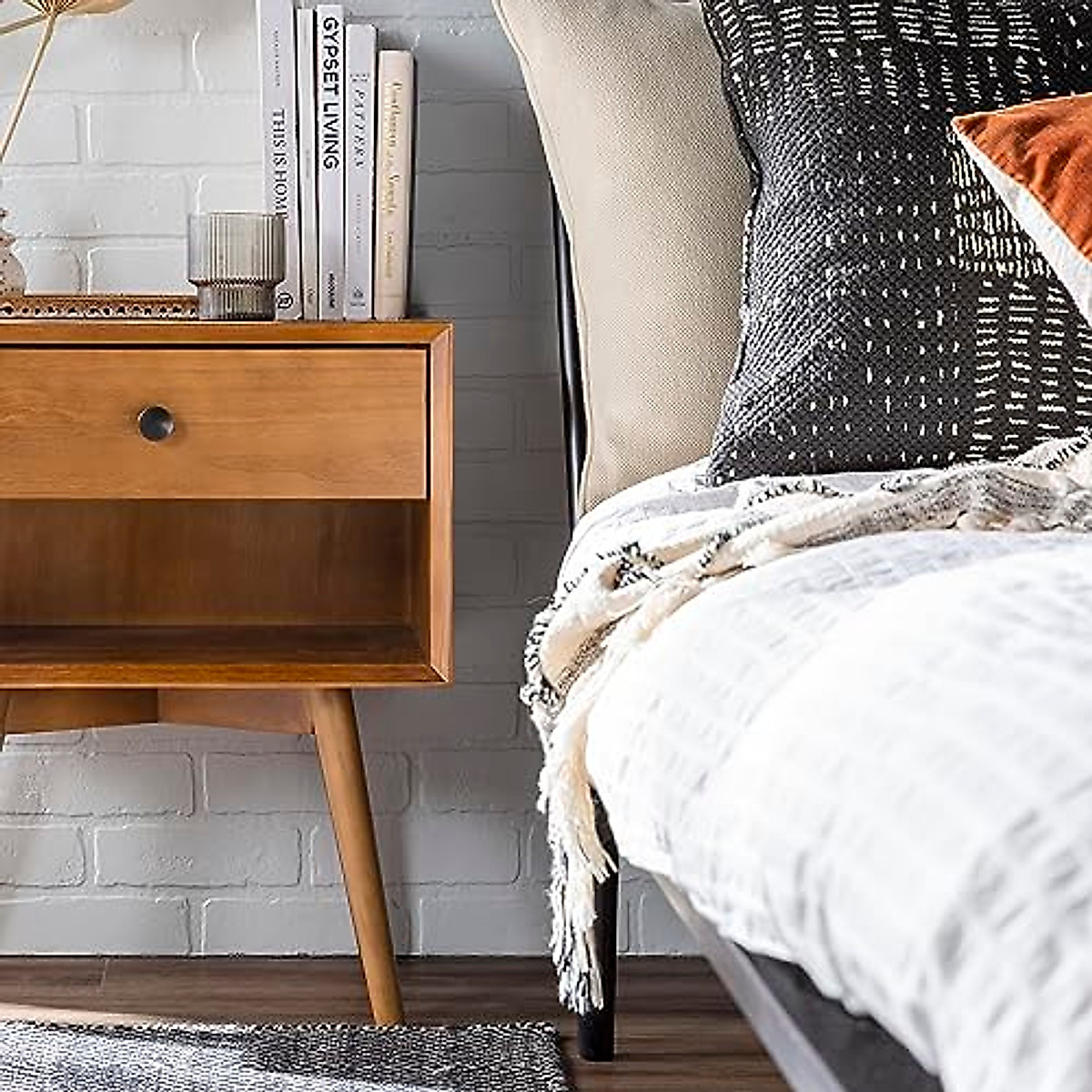 Walker Edison Mid Century Modern Wood Nightstand Side Table Bedroom Storage Drawer and Shelf Bedside End Table, 1 Drawer, Caramel