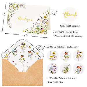 Crisky 4 Assorted Gold Foil WildFlowers Thank You Cards, (50 Cards with Envelopes for Birthday, Baby Shower, Bridal Shower, Wedding, All Occasion)