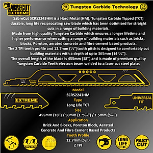 2 x SabreCut SCRS2243HM_2 Tungsten Carbide 17 29/32" (455mm) 2 TPI S2243HM Large Bricks Poroton Fibre Cement Concrete Straight Cutting Reciprocating Sabre Saw Compatible with Bosch Dewalt Makita
