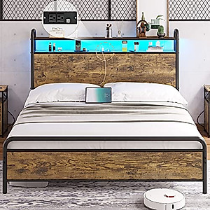 DICTAC Queen Bed Frame with Storage Headboard and Charging Station Led Bed Frame Queen Size with Headboard Storage,Metal Platform Bed Frame with LED Lights,No Box Spring Needed,Rustic Brown