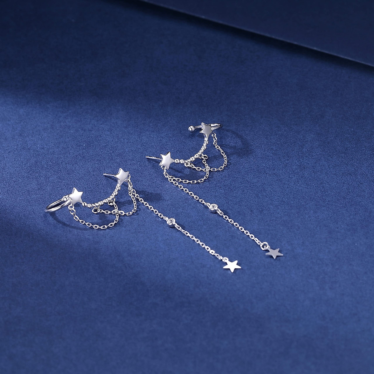 Reffeer Solid 925 Sterling Silver Star Cuff Earrings Chain Dangle for Women Star Wrap Earrings Crawler (A-Silver)