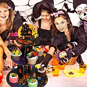Nuenen Halloween Party Cupcake Stand Decorations, 3 Tier Happy Halloween Theme Party Cupcake Holder Tower Haunted Decor for Kids Halloween Day of the Dead Birthday Party Display Supplies