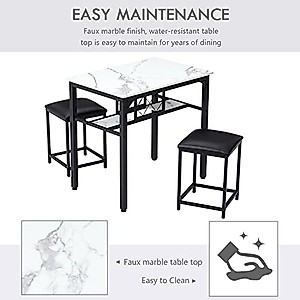 Kinfant 3 Pcs Bar Dining Table and Chairs Set with Faux Marble Tabletop - 2 Chairs, Contemporary Dining Table Set with Wine Rack for Home, Hotel, Dining Room, Kitchen or Bar, White & Black