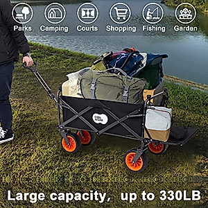 Collapsible Wagon with Big Wheels,Portable Folding Beach Wagon Cart with 330Lbs Capacity,Heacy Duty Utility Foldable Wagon Cart with Aluminum Table and Gate Open Desgin for Camping,Garden(Navy Blue)