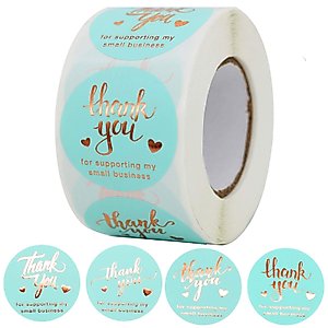 NSWDYLO Thank You Stickers, 500pcs Customized Round Labels with 4 Designs, Blue & Gold Foil, Business Gift Packaging Decoration, 1.5" Diameter