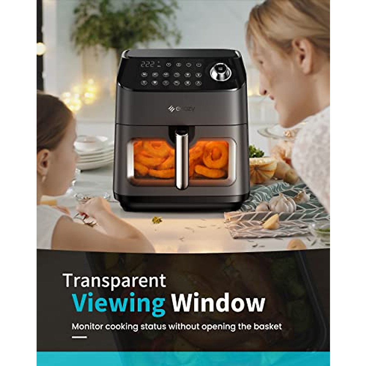 ecozy Air Fryer 6 Quart with See-Through Window Smart WiFi (100 Recipes), 11 Presets+ One-Touch Recipe Function, Dishwasher Safe, Black