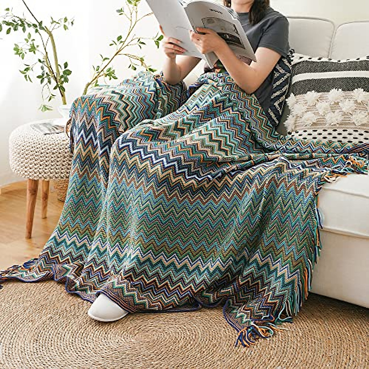BATTILO HOME Boho Throw Blanket,Teal Throw Blankets for Couch Bed Sofa,Soft Cozy Knit Blanket with Tassel,Fall Decor Blanket Throw Outdoor Lightweight Afghan Blanket, 50"x80" (Blue)